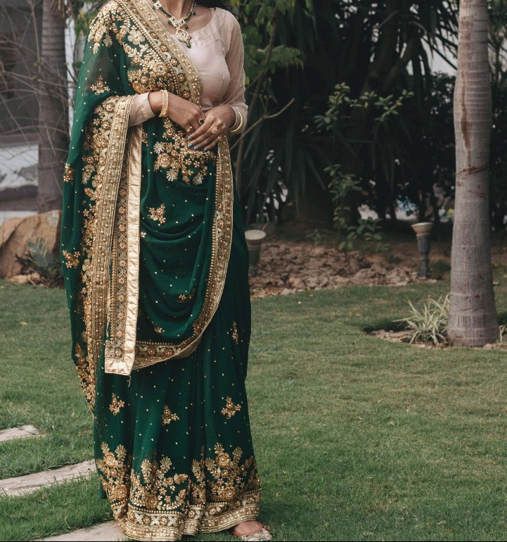 Emerald Green Maharani Chiffon Edittio Saree - Online Saree in Pakistan ...