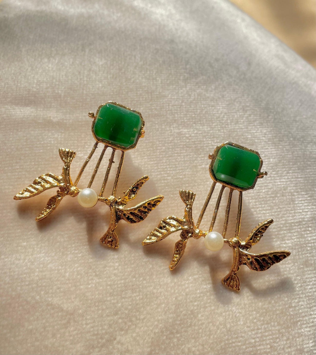Gold Plated Jade Hummingbird Earrings – The Saari Girl - Saree Online