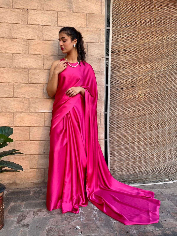 Fuschia Pink Solid Charmeuse Silk Saree - Online Saree in Pakistan ...