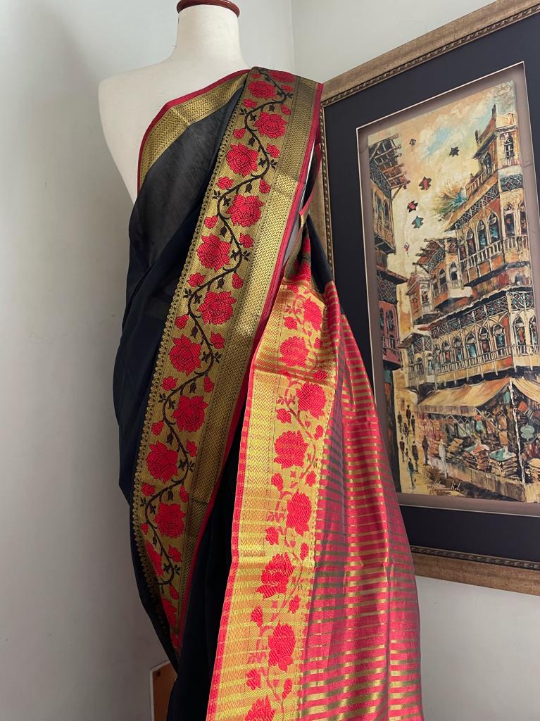 Gulabi Dori Legacy Black Cotton Silk Saree - Online Saree in Pakistan ...